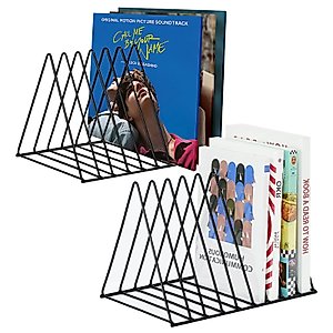 U/A 2 Pack Triangle Desktop Magazine File Holder Rack, Sturdy 9 Slot Iron Vinyl Record Holder Storage Book Sorter Organizer Bookshelf for Office Home Decoration (Black)