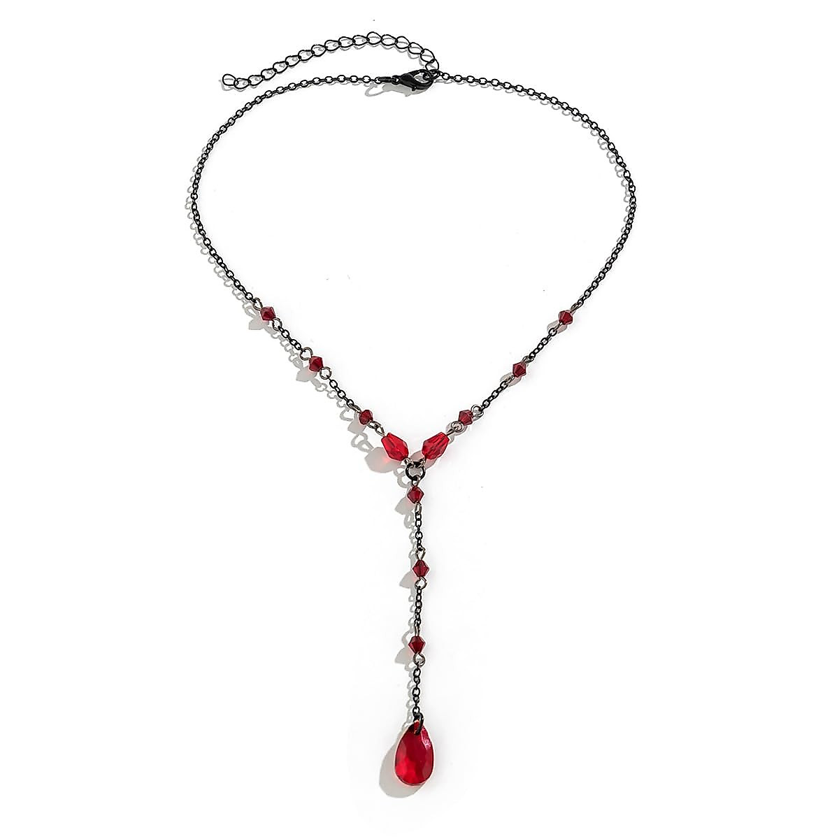 Retro Gothic Blood Drop Y-Shaped Necklace Black/Red Crystal Teardrop Pendant Necklace Y2k Grunge Necklace Halloween Cosplay Jewellery for Women (Red)