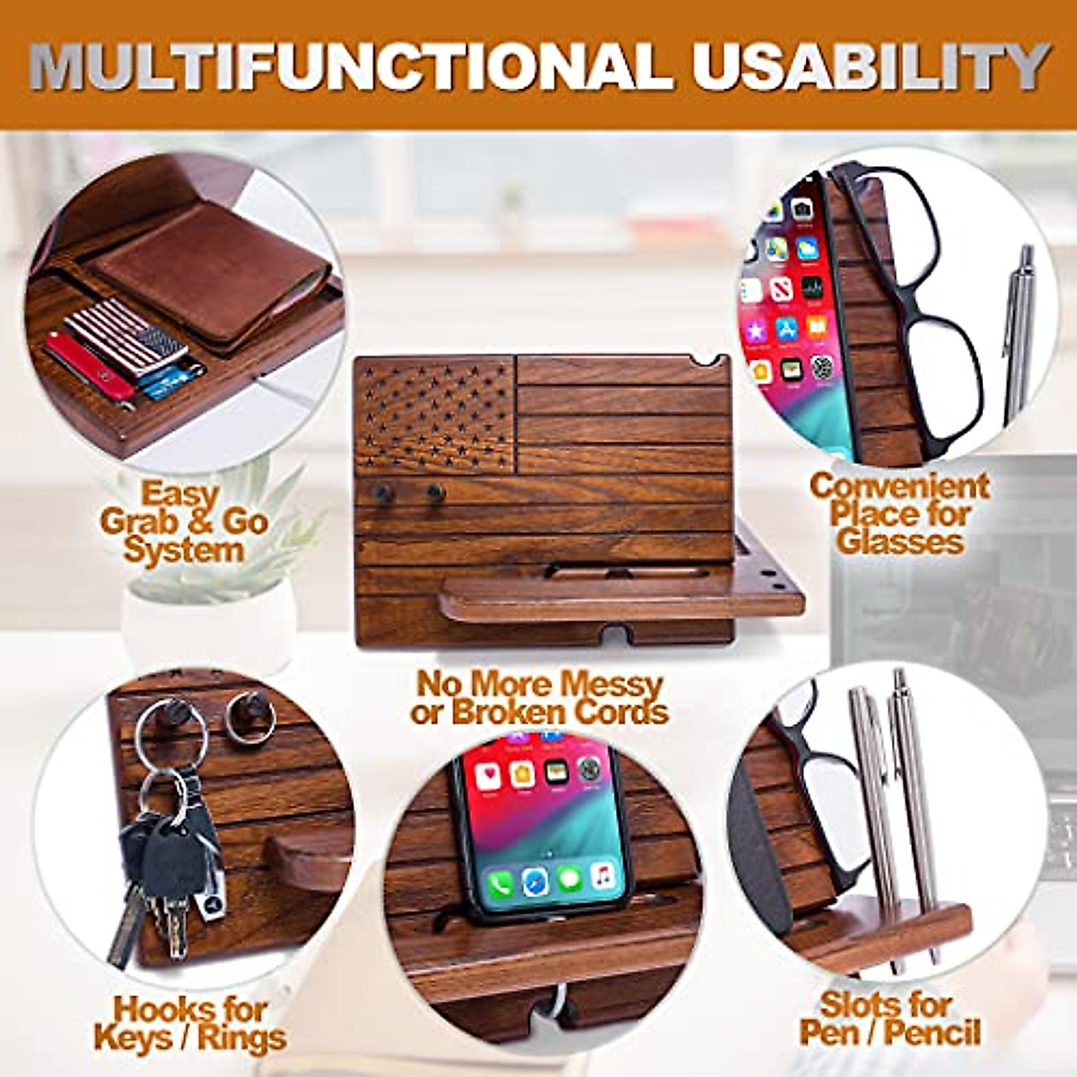 TESLYAR Natural Ash Wood Phone Docking Station National American USA Flag Hooks Key Holder Watch Organizer Men Gift Husband Anniversary Birthday Nightstand Purse Father Graduation Male