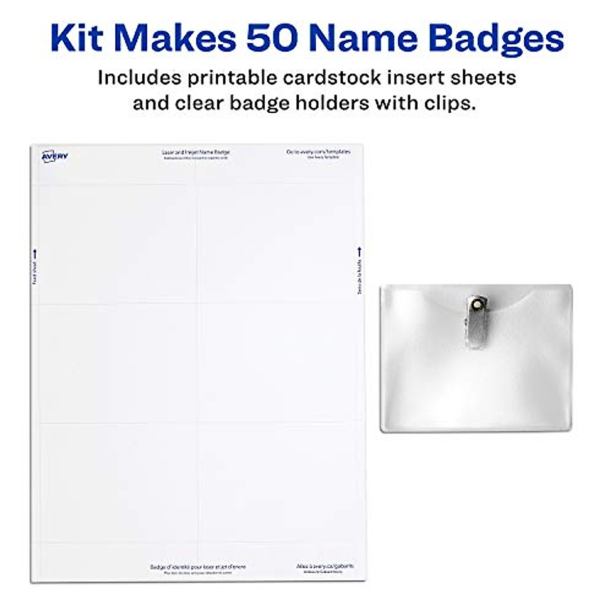 Avery Clip Name Tags, Print or Write, 3" x 4", 50 Inserts & Badge Holders with Clips (74536)