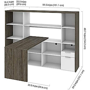 Bestar Gemma 2-Piece Set Including One L-Shaped Desk with Hutch and One Bookcase in Walnut Grey & White