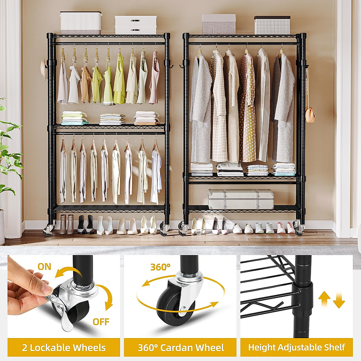 DWVO Rolling Clothes Rack with Wheels, Heavy Duty Garment Rack with 3 Tiers Adjustable Wire Shelving, Portable Clothing Rack for Cloakroom Bedroom Laundry Storage Organizer, Black