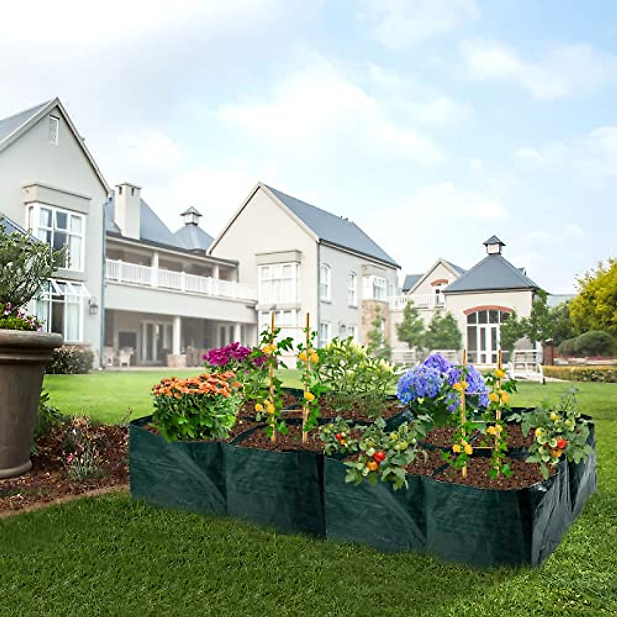 Apipi Raised Garden Planters Fabric Beds, Grow Bags with 4 Divided Grids, Square PE Planting Pots with Drainage Holes for Tomatoes Chillis Herbs Flowers Vegetables Plants