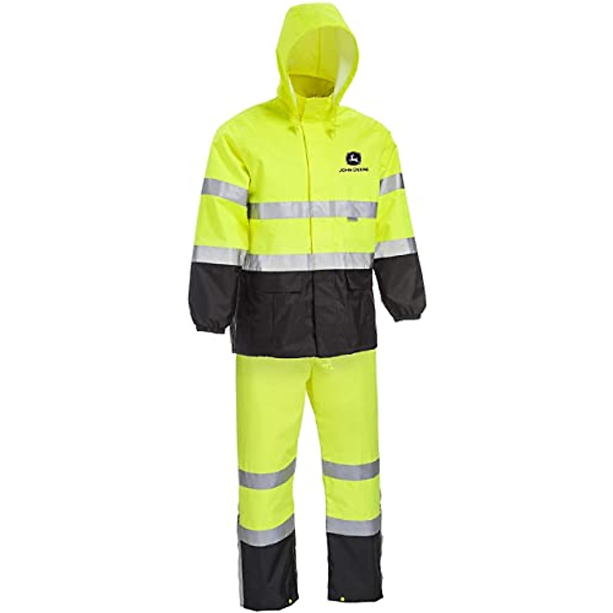 John Deere Unisex High Visability ANSI Class III Rain Suit Jacket and Bib with Color Block, High Visability, Water Resistant, and Reflective 3M Tape, Yellow, Black, X-Large (JD44530/XL)