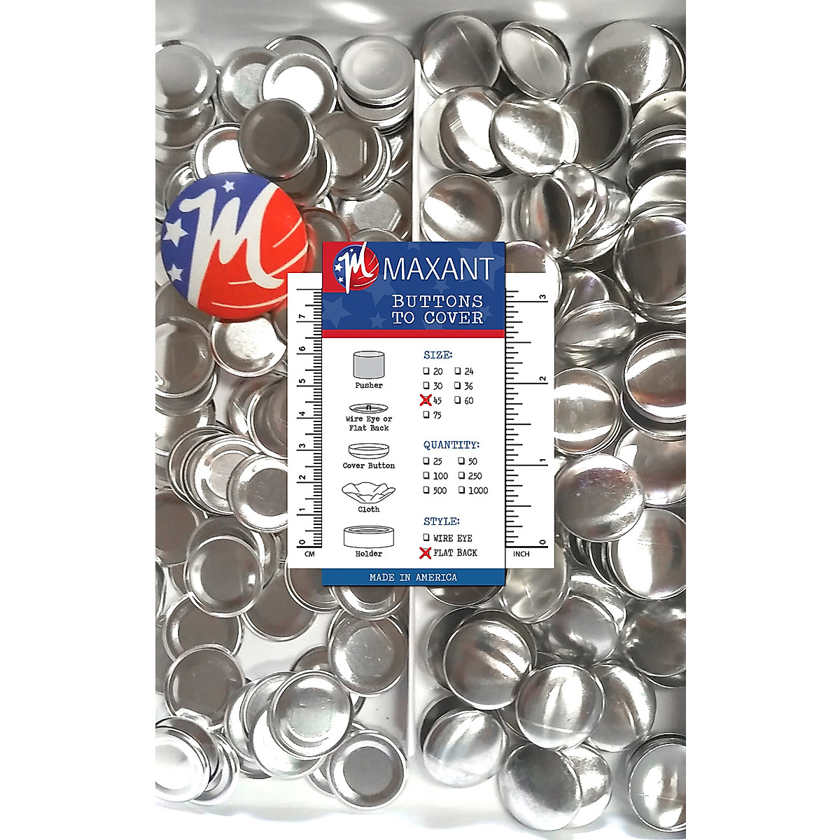 100 Buttons to Cover - Made in USA - Self Cover Buttons with flat backs - size 45 with Tool