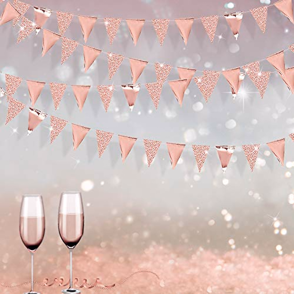 30 Ft Rose Gold Double Sided Glitter Metallic Paper Triangle Flag Pennant Bunting Banner for Wedding Birthday Holiday Festivals Anniversary Bridal Shower Hen Party Theme Party Decorations Supplies
