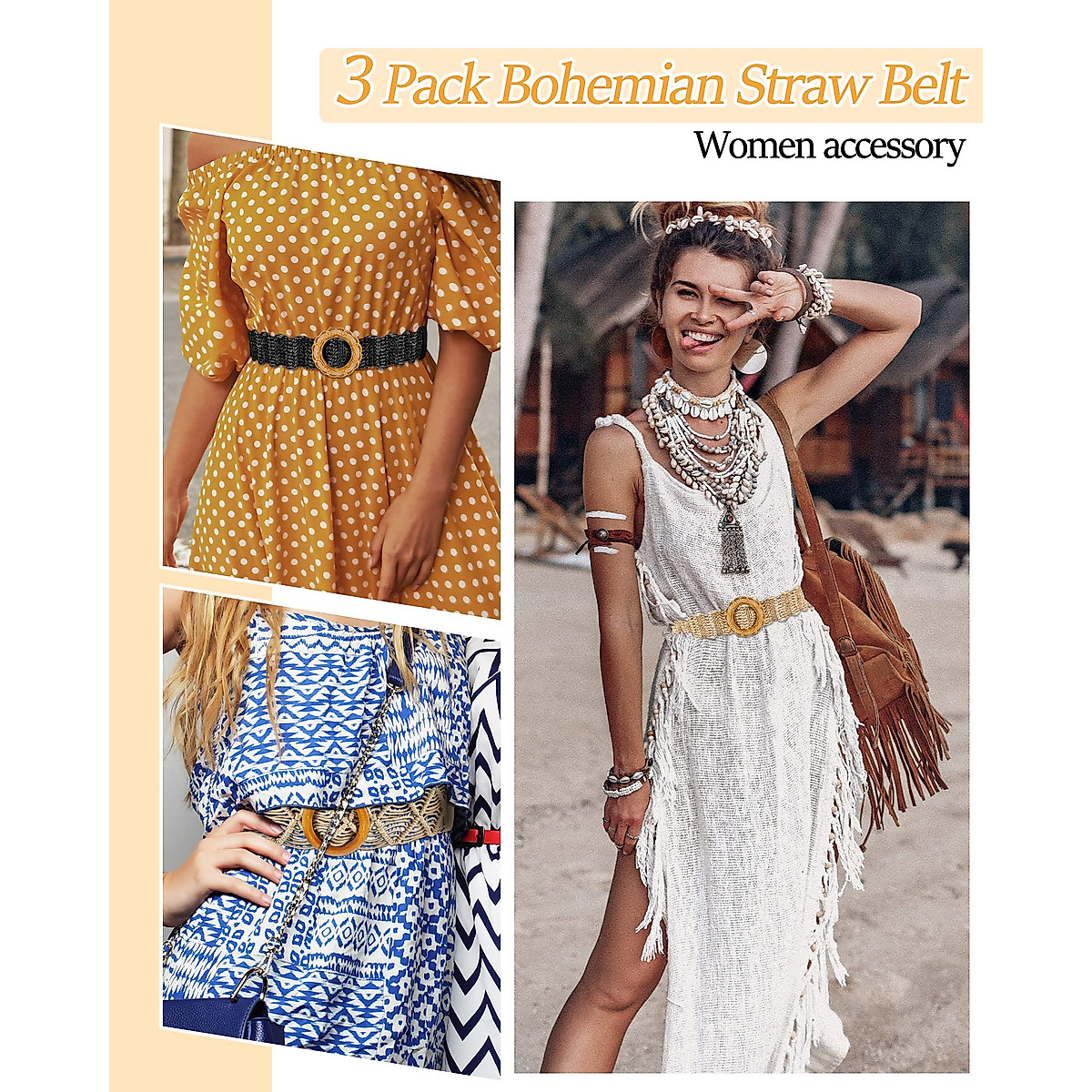 Hercicy 3 Pcs Rattan Straw Woven Belt Bohemian Waist Rope Braid Belts for Women, Trendy Boho Ladies Skinny Dress Belt Multicolor