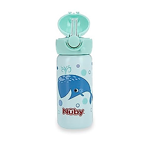 Nuby Thirsty Kids No Spill Flip-It Active Stainless Steel Travel Cup or Water Bottle - 14 Oz - 18+ Months - Mint Whale