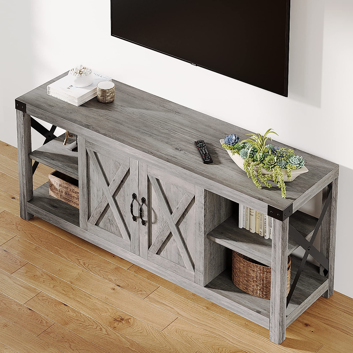 GAOMON 58 Inch TV Stand for TV up to 50 60 65 Inches, Farmhouse Wood Stand TV Cabinet Entertainment Center with Storage and Adjustable Shelves (Grey)