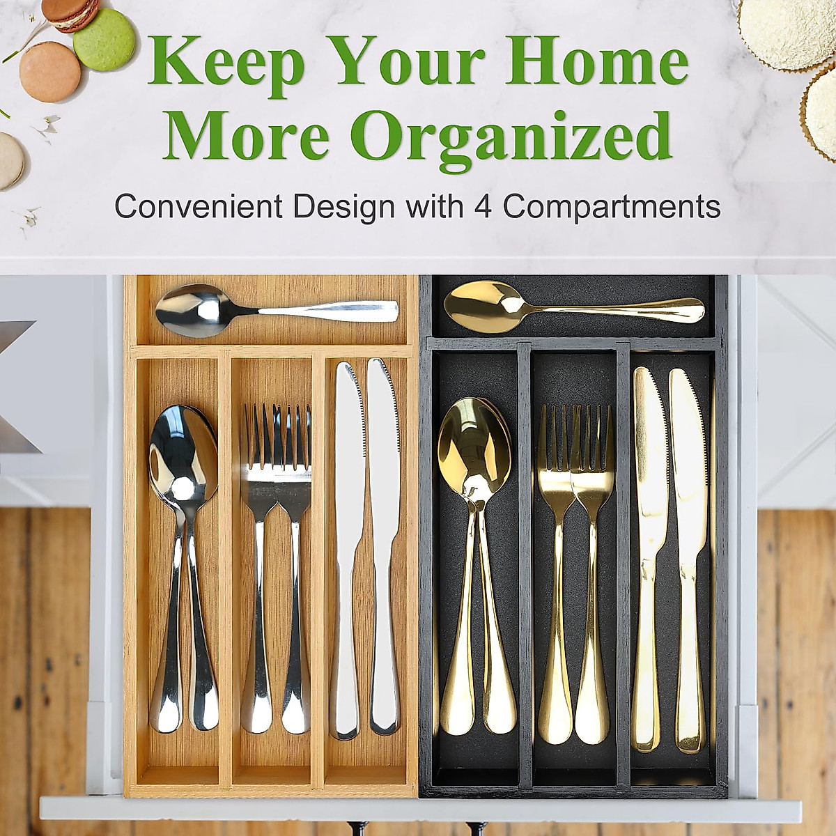 Ayiaren Black Wooden Utensil Tray Best Cutlery Kitchen Drawer Divider Organizer Flatware Tray Wood Cutlery Silverware Drawer Inserts Bamboo Spoon Utensils Storage Organizer