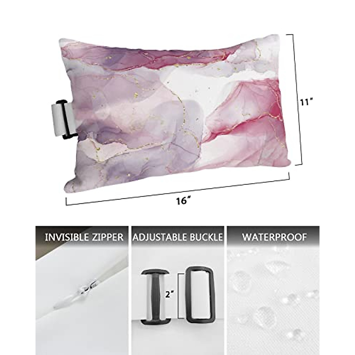 Recliner Head Pillow Ledge Loungers Chair Pillows with Insert Pink Marble Watercolor Lumbar Pillow with Adjustable Strap Outdoor Waterproof Patio Pillows for Couch Beach Pool Office Chair, 2 PCS