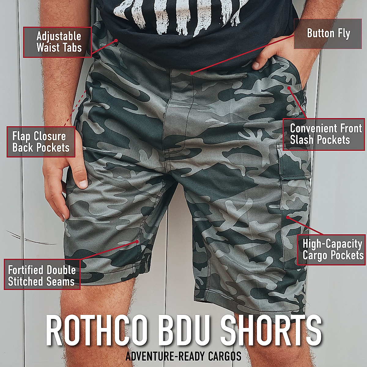Rothco Men's Ultra Force Military Style BDU Combat Shorts, Black, Large Regular (Waist:35" to 39")