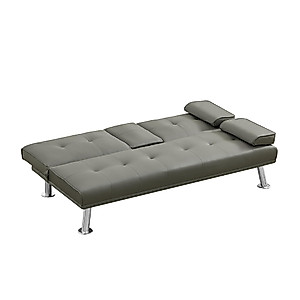 QCHANER Modern Convertible Folding Futon Sofa Bed, Faux Leather Home Recliner Loveseat Folding Daybed Guest Bed with Cup Holders for Compact Living Space, Apartment, Dorm, Bonus Room, Gray