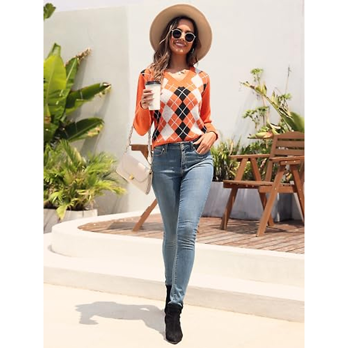 ZAFUL Women's Argyle Sweater V-Neck Cropped Sweater Long-Sleeve Plaid Sweater Pullover Jumper Knit Top (1-Orange,S)