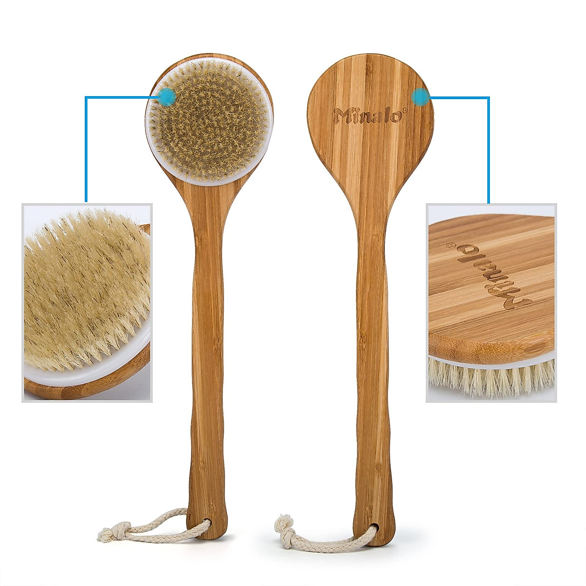 Minalo Best Bath Dry Body Brush -Natural Boar Bristles Shower Back Scrubber With Long Handle for Cellulite, Exfoliation, Detox