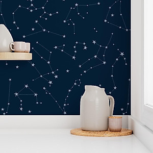 Peel & Stick Wallpaper Swatch - Zodiac Stars Astrology Navy Blue Constellations Night Sky Star Map Custom Removable Wallpaper by Spoonflower