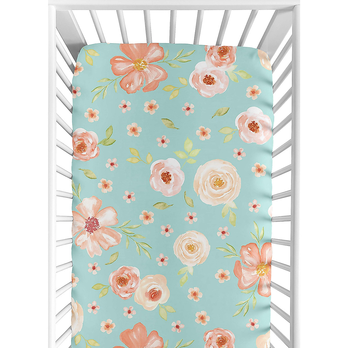 Sweet Jojo Designs Turquoise and Peach Baby or Toddler Fitted Crib Sheet for Watercolor Floral Collection - Pink Rose Flower