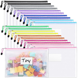 Sooez 20 Pack Zipper Pouch, Mesh Zipper Pouch with Label Pocket, Durable Pouches for Organization, Board Game Storage, Zipper Bag Waterproof, Document Bag Letter/A4