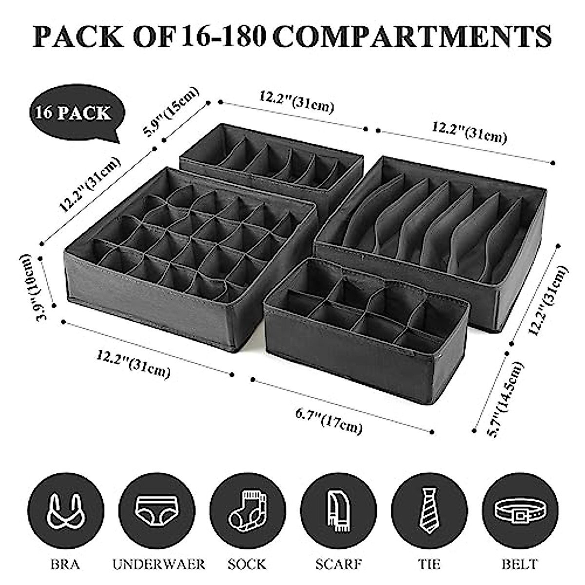 APOMOV 16 Pack Underwear Drawer Organizer Sock Dividers, 180 Cells Foldable Cabinet Closet Storage Fabric Dresser Basket Organization for Clothing, Socks, Bras,Ties Gray