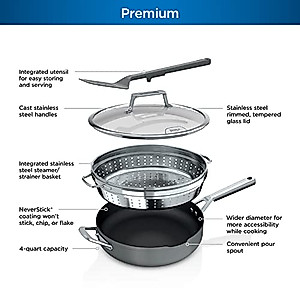 Ninja CW102GY Foodi NeverStick PossiblePan, Premium Set with 4-Quart Capacity Pan, Steamer/Strainer Basket, Glass Lid & Integrated Spatula, Nonstick, Durable & Oven Safe to 500°F, Sea Salt Grey