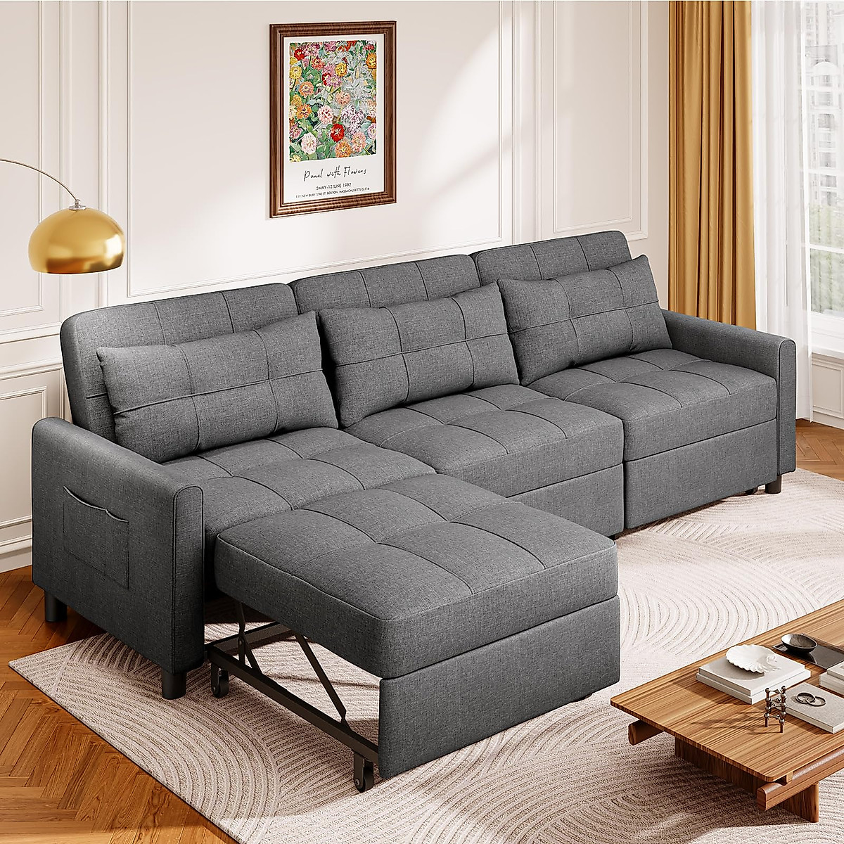 Aiho Convertible Sectional Sofa Bed, Sleeper Sofa Bed with Adjustment Backrest, 84" Pull Out Couch with Ottoman for Livingroom, Apartment, Dark Gray