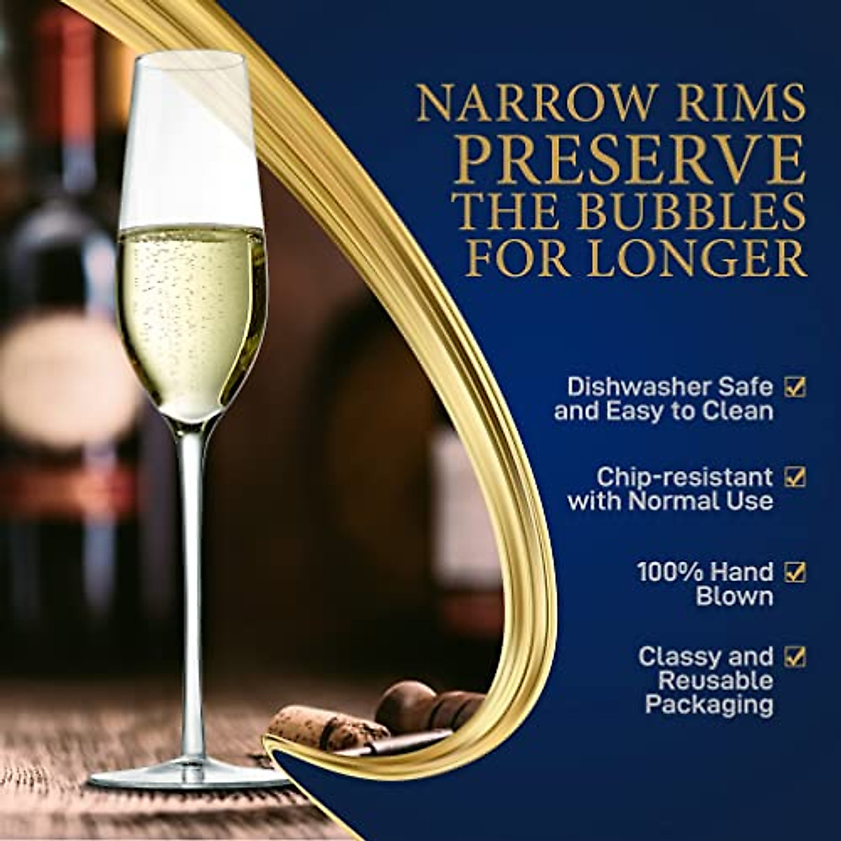 NutriChef 7oz Crystal Champagne Flutes - Set of 2 Elegant Tall Long Stem Clear Stemmed Glass Drinkware w/Narrow Rims, Seamless Bowl, Lead-Free, Dishwasher Safe Sparkling Wine Stemware