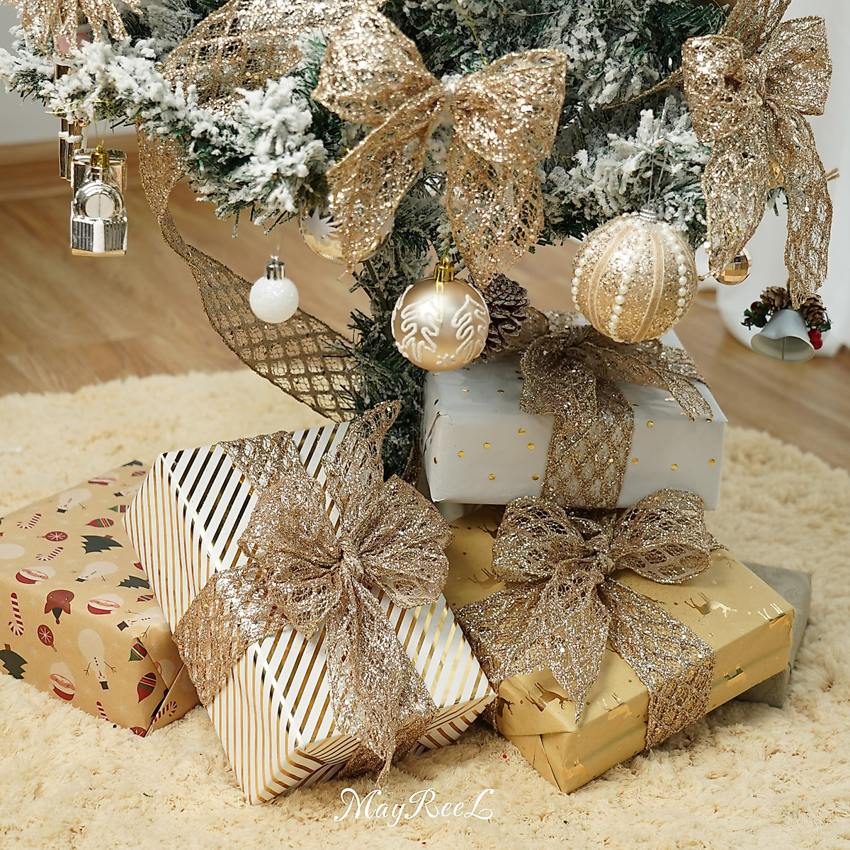 MAYREEL 2.5 Inch Champagne Wired Ribbon Glitter Pale Gold for Christmas Decorations Gift Wrapping Wreath Supplies Tree Toppers 10 Yards