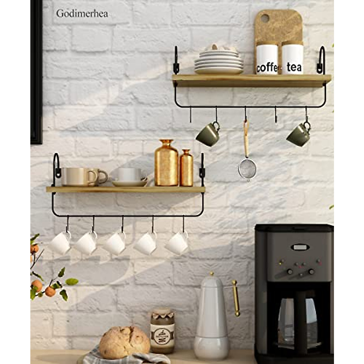 Godimerhea Floating Shelves with Hooks, Set of 2 Rustic Wall Mounted Wooden Decorative Storage Shelves with Towel Rack for Coffee Bar, Kitchen, Living Room（Brown）