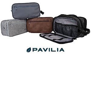 PAVILIA Toiletry Bag for Men, Travel Toiletries Bag | Water-resistant Dopp Kit, PU Leather Shaving Pouch Organizer for Accessories, Cosmetic, Hygiene, Grooming Essentials (Dark Brown)