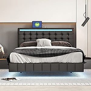 Queen Size Floating Bed Frame with LED Lights and USB Charging, Modern Upholstered Platform LED Bed Frame No Box Spring Needed, Easy Assembly (Black)