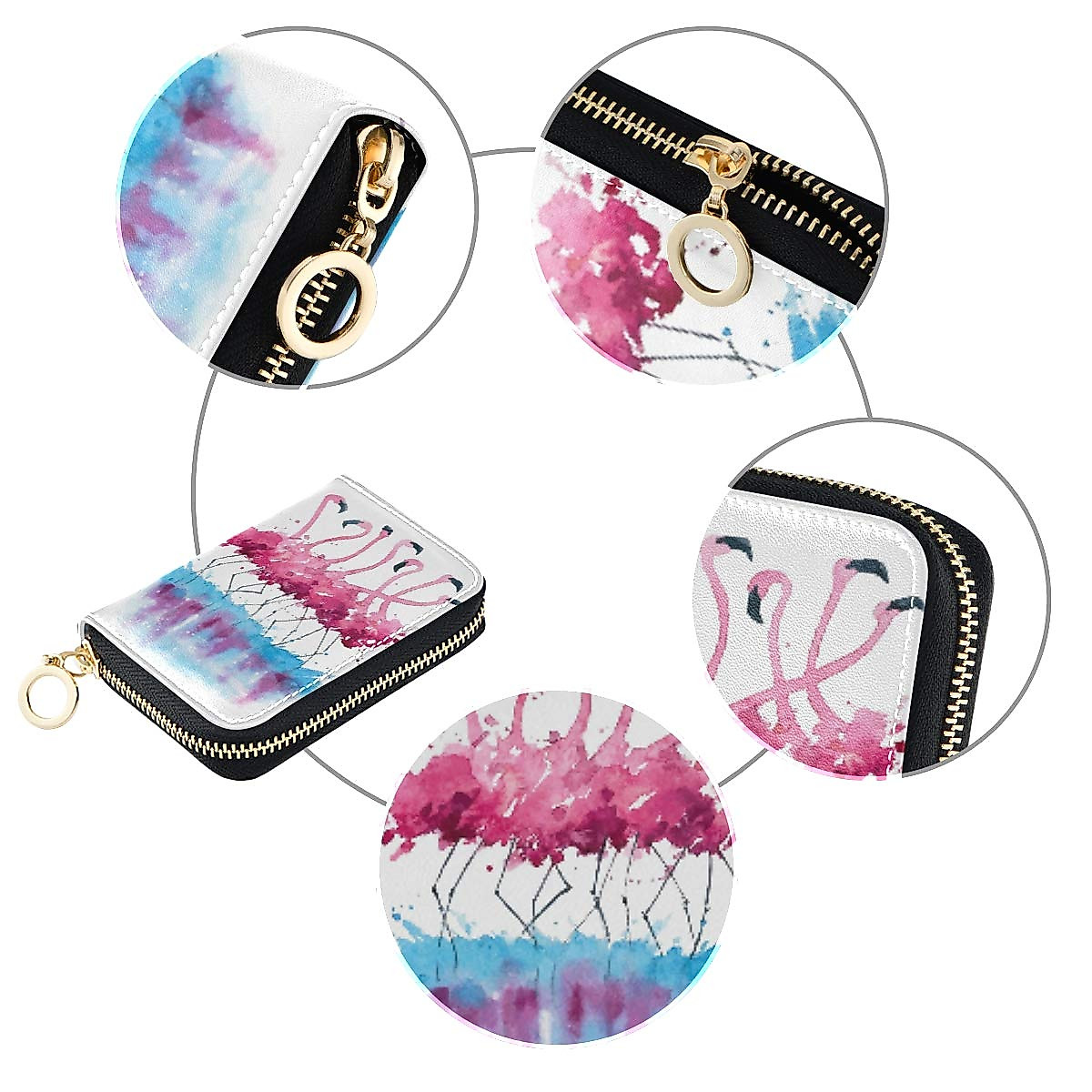 MOYYO RFID Credit Card Holder Case Watercolor Flamingos Leather Printed Zipper Card Case Wallet for Women Girls