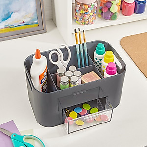 STORi Bliss 4-Compartment Plastic Vanity Organizer with Small Accessory Drawer in Grey | Rectangular Makeup, Skincare, & Cosmetic Storage Bin with Pass-Through Handles | Made in USA