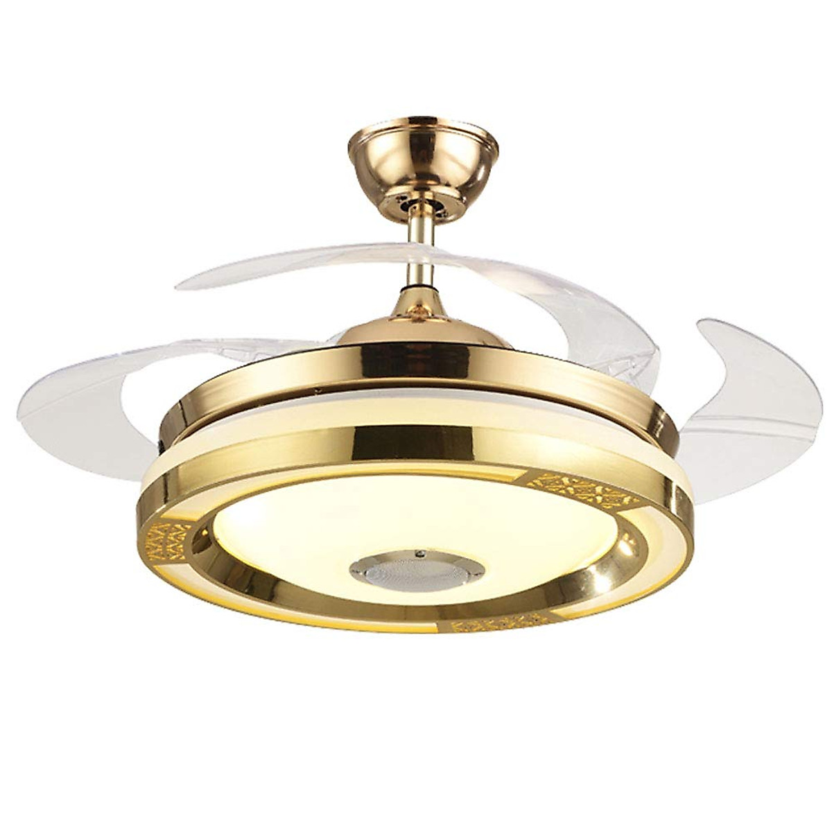 TFCFL 42'' Modern Music Ceiling Fan with Light, Invisible Smart Chandelier Fan with Bluetooth Player Remote Control 4 Retractable Blades 3 Colors for Dining Room Bedroom (Gold)