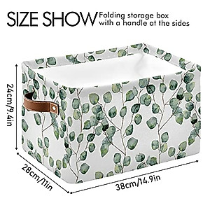 Oyihfvs Watercolor Eucalyptus Round Leaves Branches Seamless Square Shelves Storage Basket Bin, Waterproof Laundry Hamper Bucket, Baby Nursery Organizer with Handles for Toys Clothes Room Closets
