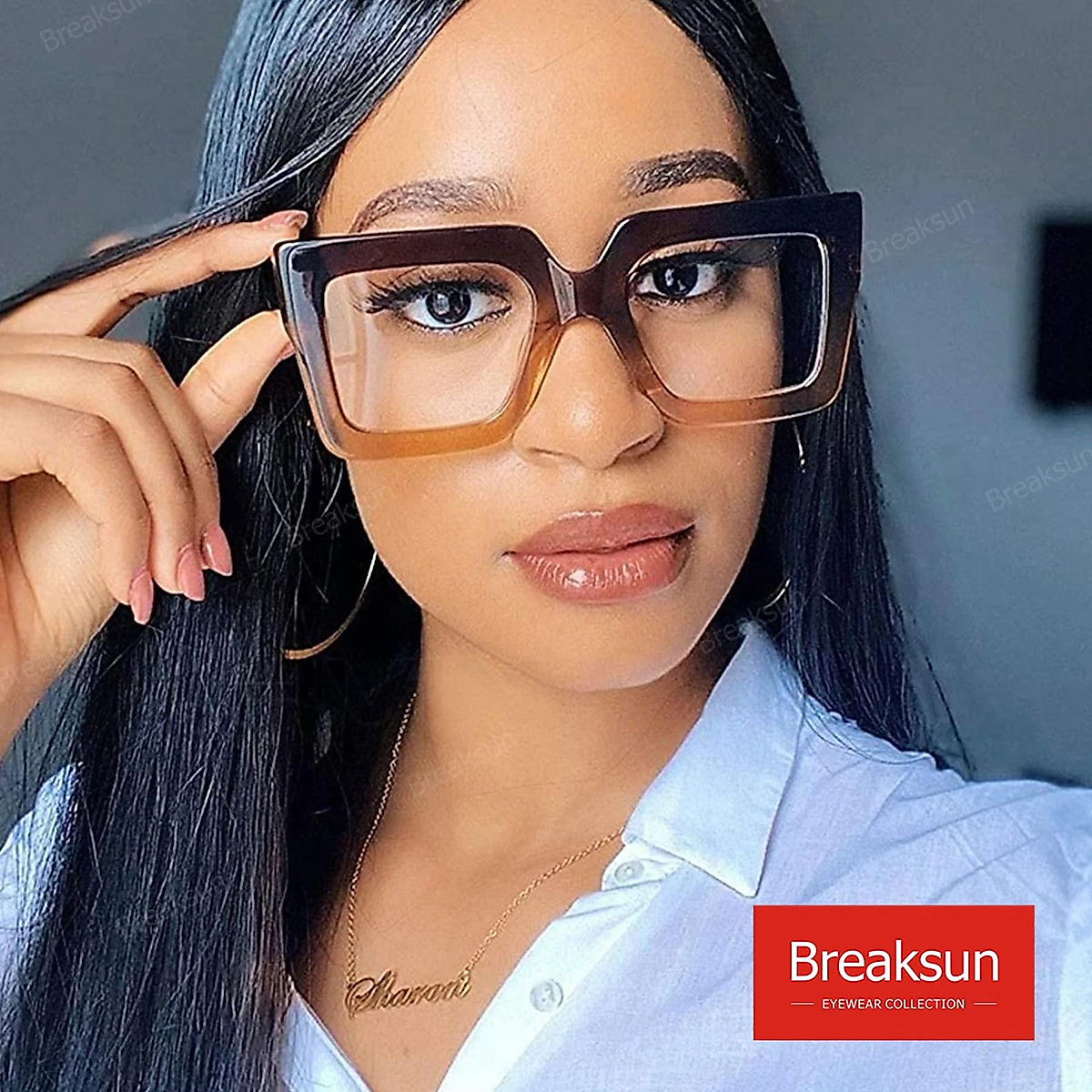 Breaksun Oversized Blue Light Glasses for Women Fashion Thick Square Computer Eyewear Non-Prescription Black Glasses (New Black+ Brown Orange)