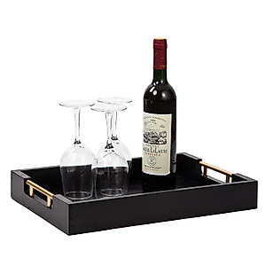 Decorative Coffee Table Ottoman Trays Modern Wood Elegant 16"x12" Rectangle Glossy Shagreen Serving Trays with Gold Metal Handles -Drinks, Liquor Serving Platter for All Occasion's(Black)