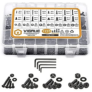 VIGRUE 1225PCS Metric M2 M3 M4 M5 Flat Hex Head Socket Cap Screws Black Zinc Plating Alloy Steel Small Bolts Nuts Washers Assortment Kit, Allen Socket Drive with 4Pcs Hex Wrenches