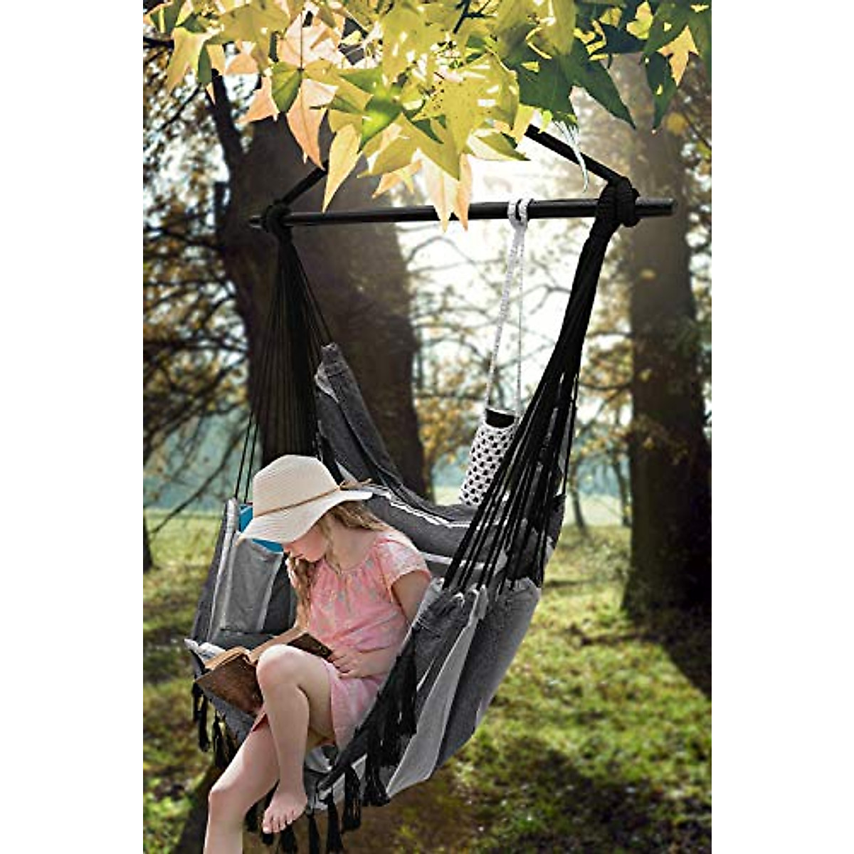 Project One Hanging Rope Hammock Chair, Hanging Rope Swing Seat with 2 Pillows, Carrying Bag, and Hardware Kit Perfect for Outdoor/Indoor Yard Deck Patio and Garden, 300 Pound Capacity (Grey Stripe)