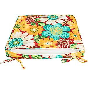 Magpie Fabrics Patio Square Chair Cushions 18"x18"x2.5" with Ties, 2 Pack, Waterproof Weather Resistant Outdoor Universal Corner Seat Cushion, for Garden Dining Office(Embry Red Hibiscus)