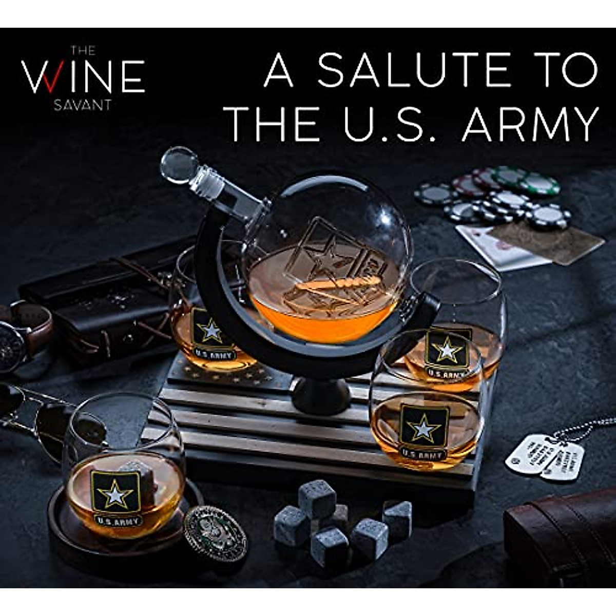 Army Globe Whiskey Decanter Set & 4 Liquor Glasses - US Army Whisky Decanter & Glass Set with Wood Base and 9 Whiskey Stones - Army Gifts for Men - Bourbon and Scotch Decanter – Military Veteran Gifts
