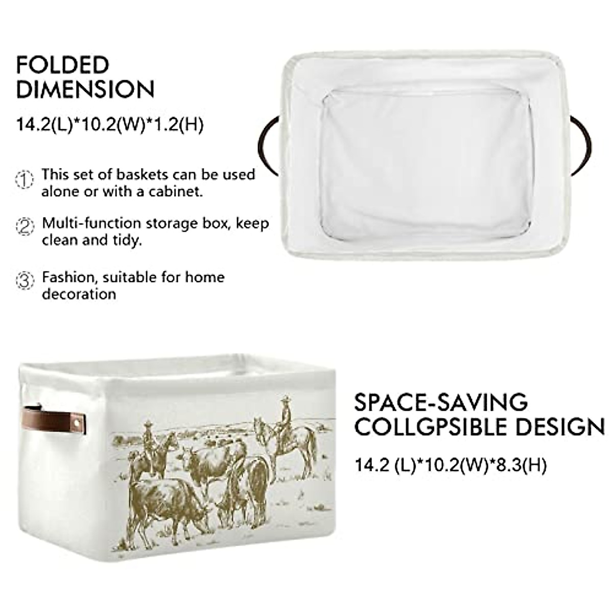Kigai 1 Pack Storage Basket Western Cow Boys Foldable Storage Box Laundry Hamper with Handle Toy Storage Bin for Home Closet Office Shelf