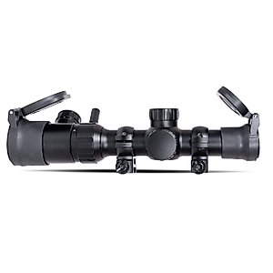 Monstrum 1-4x20 Rifle Scope with Rangefinder Reticle and Medium Profile Scope Rings | Monstrum Flip Up Lens Cover Set | Bundle