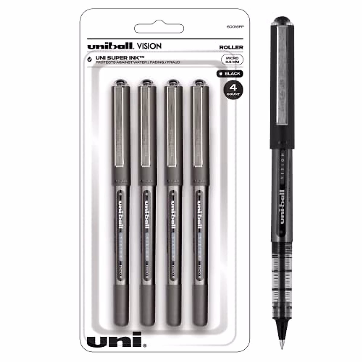 uni-ball Vision Rollerball Pens Fine Point Micro Tip, 0.5mm, Black, 4 Pack