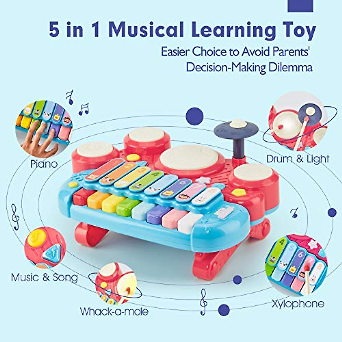 1 Year Old Girl Birthday Gift - Toys for 2 Year Old Girls Toddler - 5 in 1 Baby & Toddler Toys with Baby Piano, Drum Set for Toddlers 1-3, Xylophone, Musical Toys, Whack-A-Mole - 1st One Year Old Toys