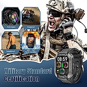 Military Smart Watches for Men 5ATM Waterproof Rugged Bluetooth Call(Answer/Dial Calls) 1.7'' Tactical Outdoor Fitness Watch with Heart Rate Blood Pressure Sleep Monitor for iPhone Android Phone