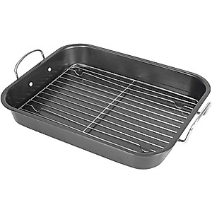Deluxe Non Stick Roaster/Roasting Pan with Handles and Grill Rack, Excellent for Turkeys, Hams and Chickens 14.5" x 11.5", Black