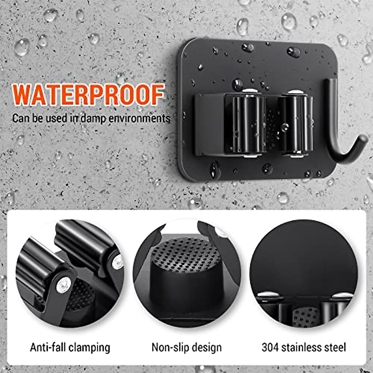 Batur Broom Holder Wall Mount, 4 Pack Super Anti-Slip Broom Holder, Mop and Broom Holder Wall Mount, Self Adhesive Broom Organizer Hanger Gripper for Bathroom, Kitchen, Laundry Room Storage, Black