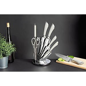 Berlinger Haus Kitchen Knife Set with Block, 8 Piece Knives Set for Kitchen, Cooking Knives with Kitchen Shears and Sharpener, Sharp Cutting Stainless Steel Chef Knife Set with Acrylic Stand, Gray