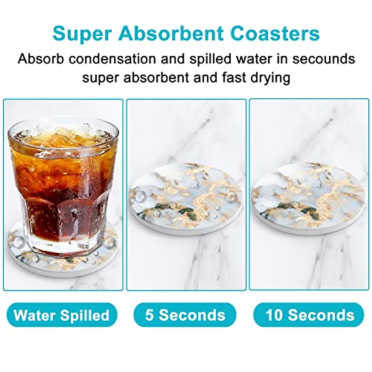 Nipichsha Coasters for Drinks, Set of 6 Marble Absorbent Ceramic Coasters with Holder and Cork Base, Cute Stone Drink Coasters for Cup Kitchen Home Decor Housewarming Gift, Round 4", White Gray Gold