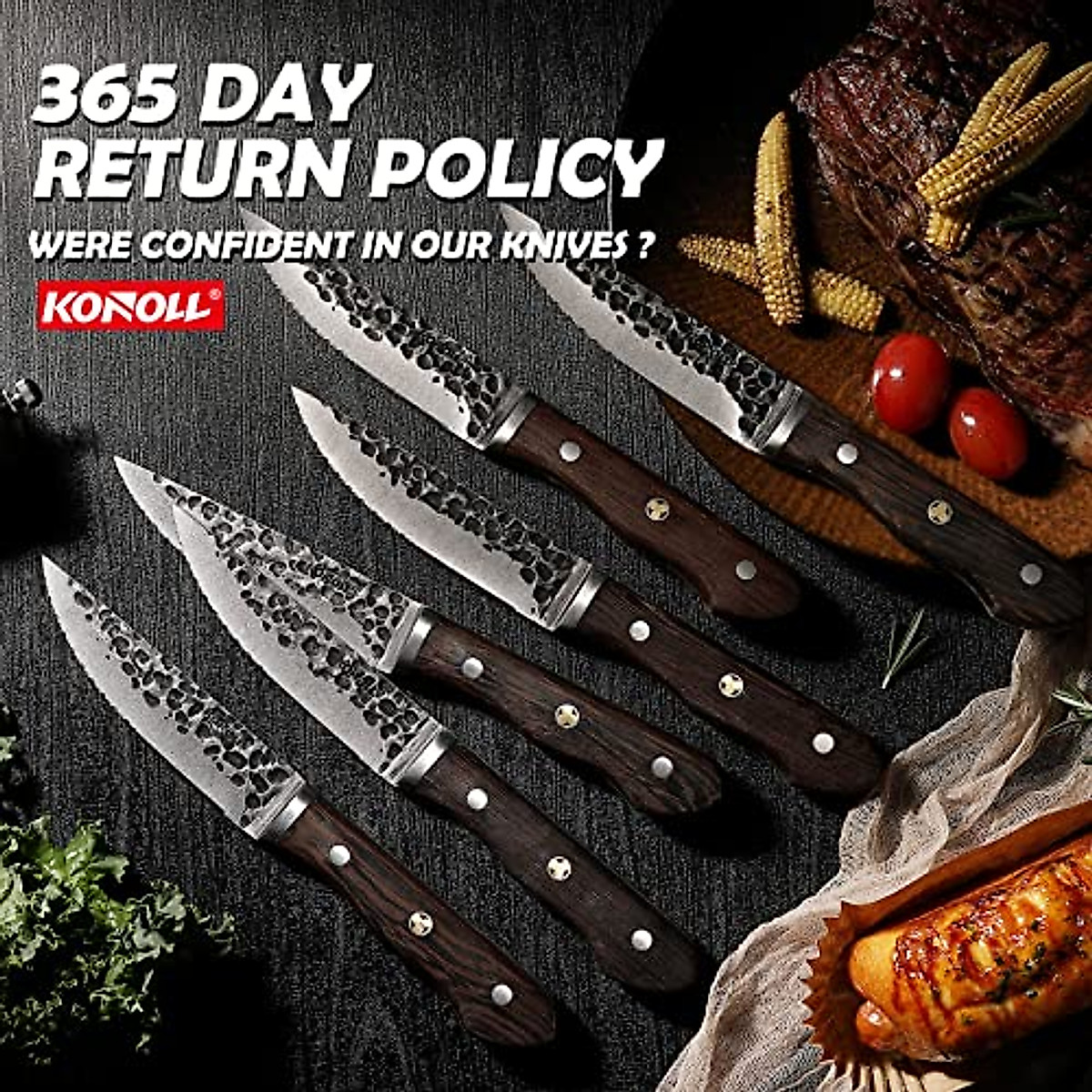 KONOLL Steak Knives Set of 6 Steaks Knife Serrated Blade Forged Handmade German High Carbon Steel Full Tang Handle